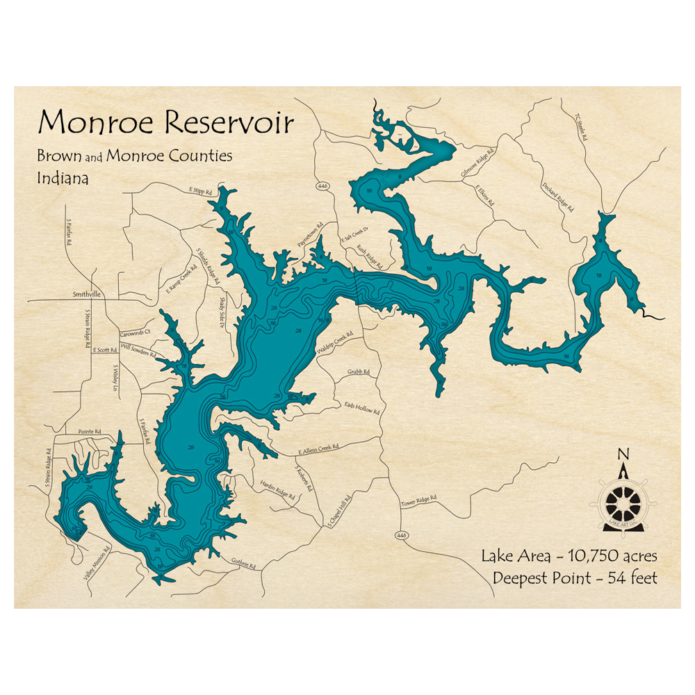 Monroe Reservoir, Indiana 3D Custom Wood Map – Lake Art LLC
