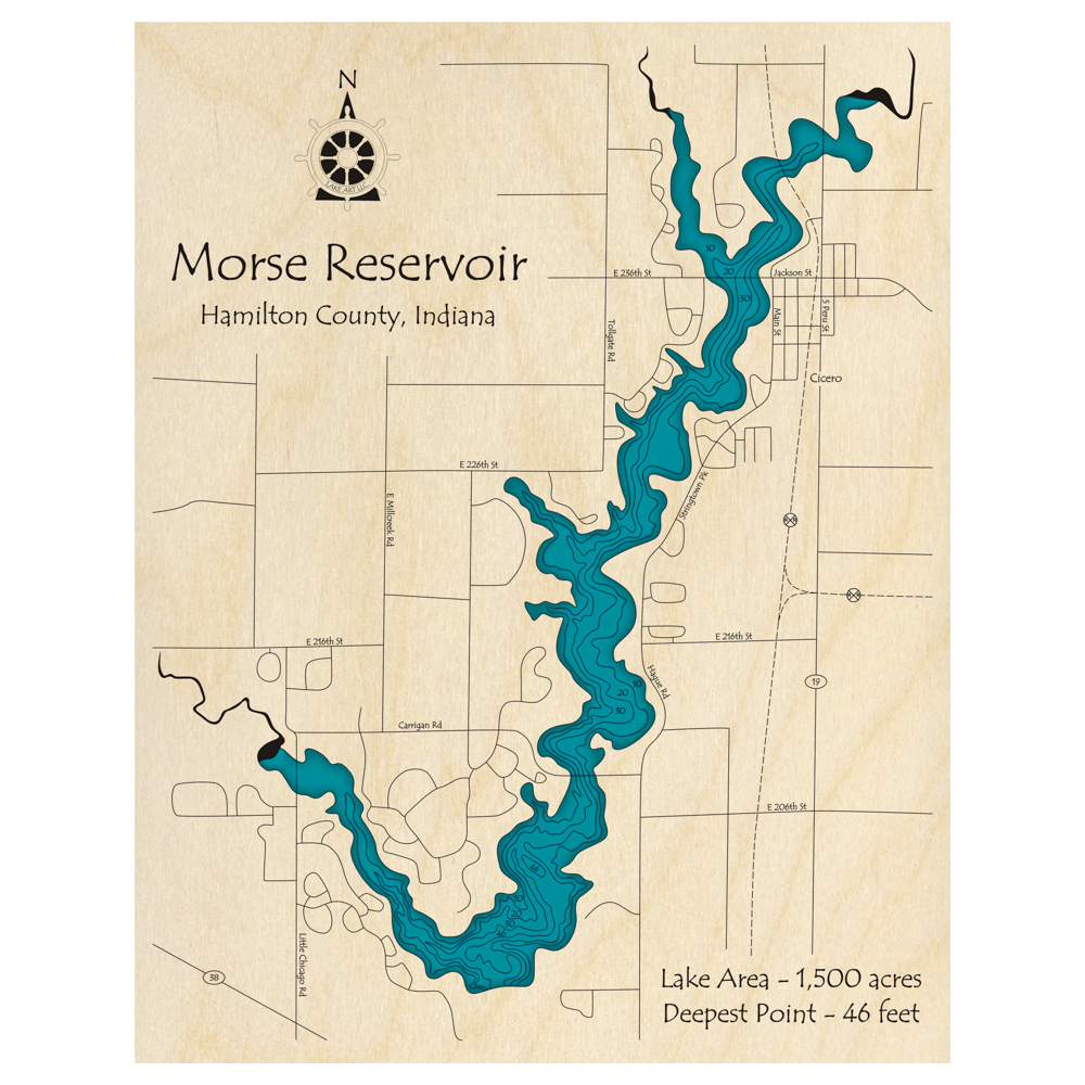 Morse Reservoir, Indiana 3D Custom Wood Map – Lake Art LLC