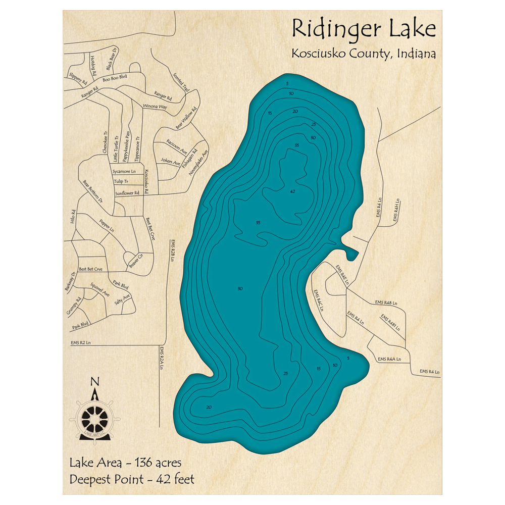 Ridinger Lake, Indiana 3D Custom Wood Map – Lake Art LLC