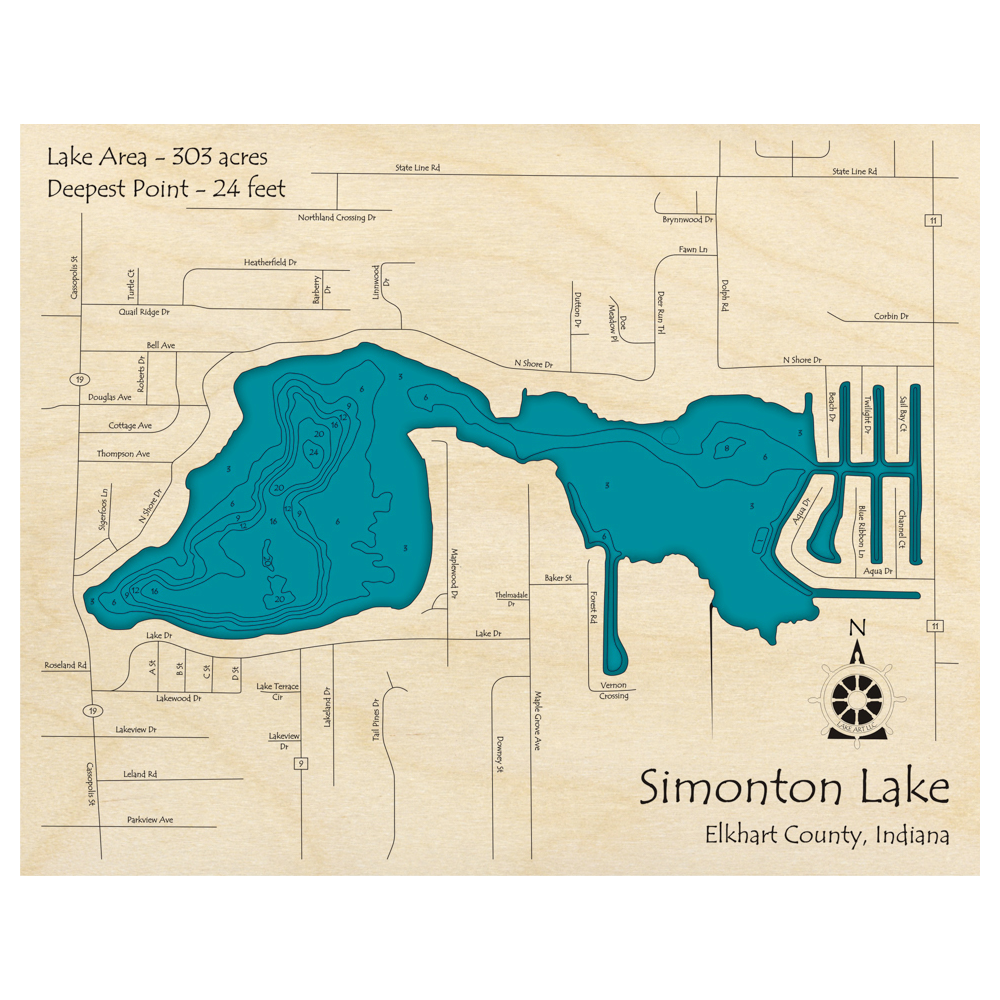 Simonton Lake, Indiana 3D Custom Wood Map – Lake Art LLC