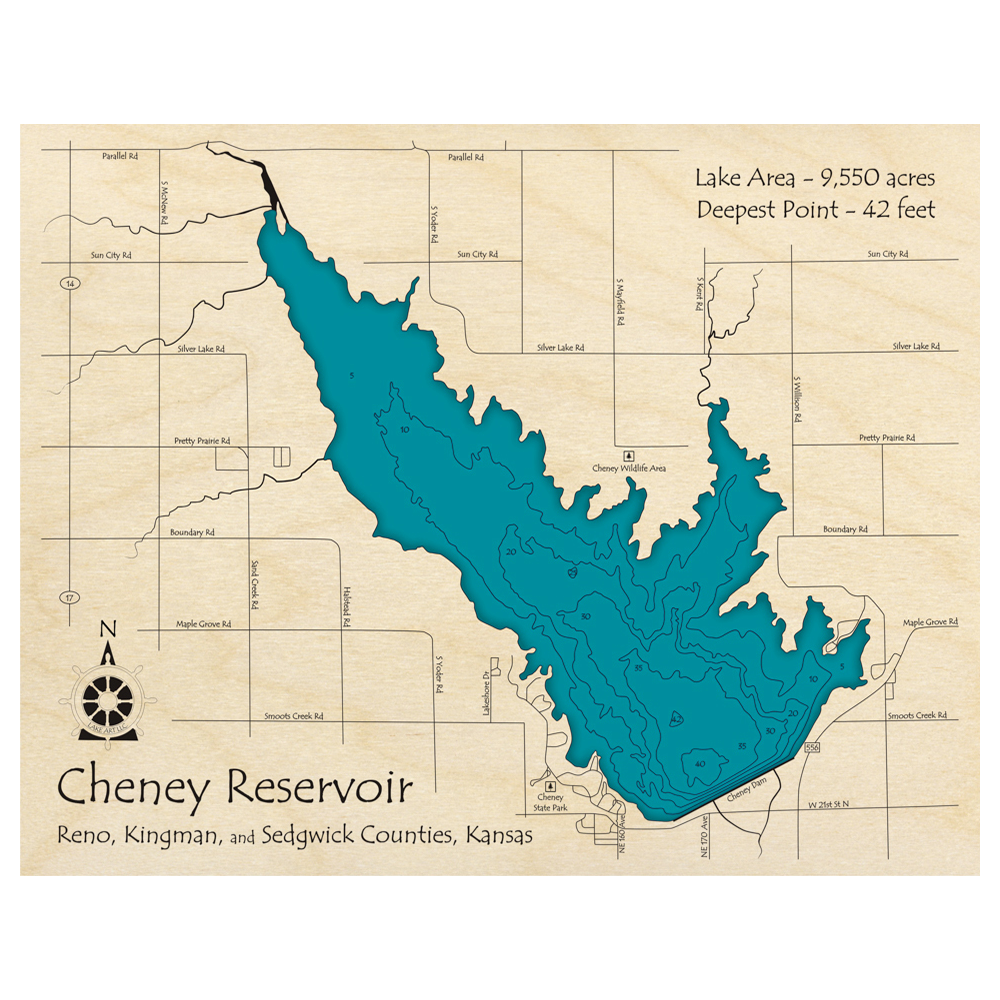 Cheney Reservoir, Kansas 3D Custom Wood Map – Lake Art LLC