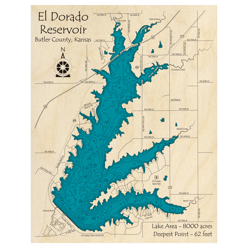 El Dorado Reservoir, Kansas 3D Custom Wood Map – Lake Art LLC