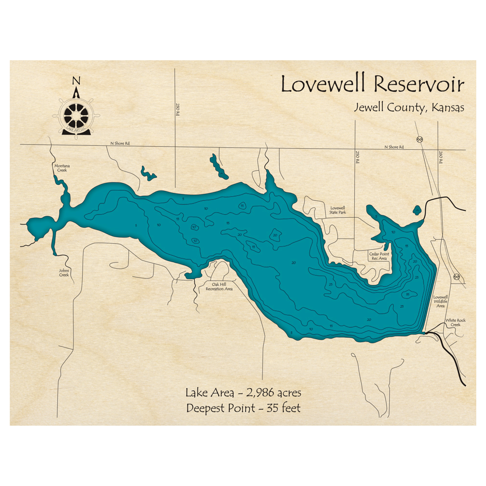 Lovewell Reservoir, Kansas 3D Custom Wood Map – Lake Art LLC