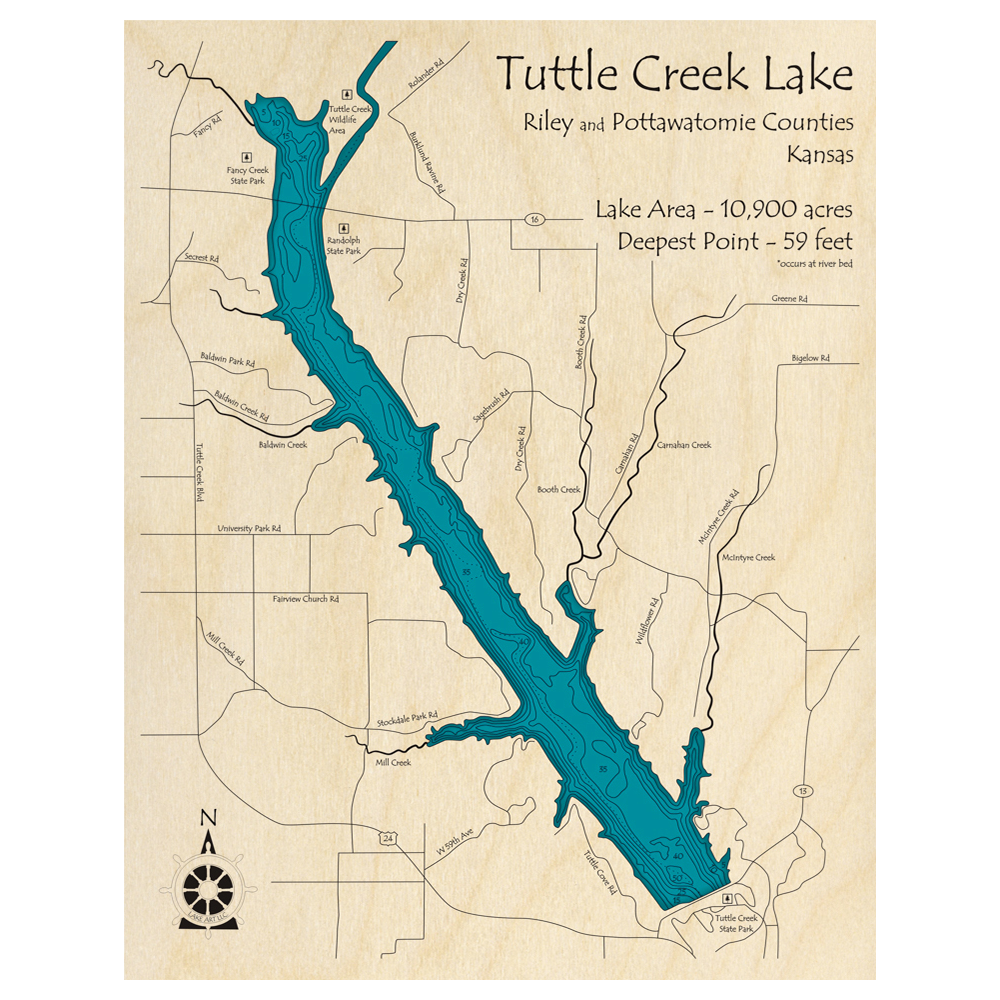 Tuttle Creek Lake, Kansas 3D Custom Wood Map – Lake Art LLC