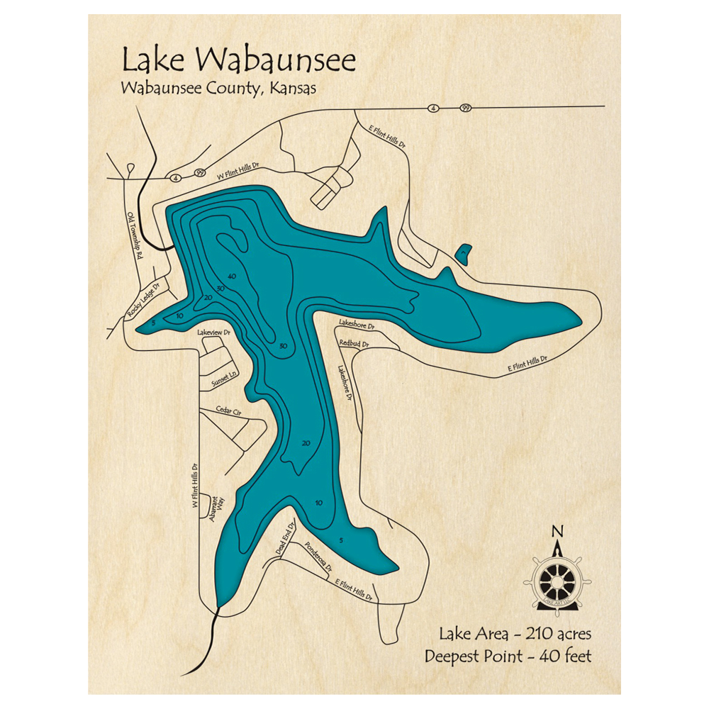Lake Wabaunsee, Kansas 3D Custom Wood Map – Lake Art LLC