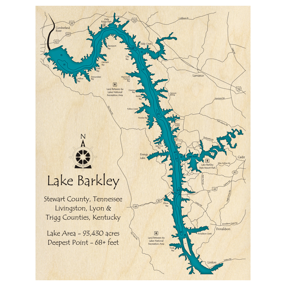 Lake Barkley (KY, TN) 3D Custom Wood Map – Lake Art LLC