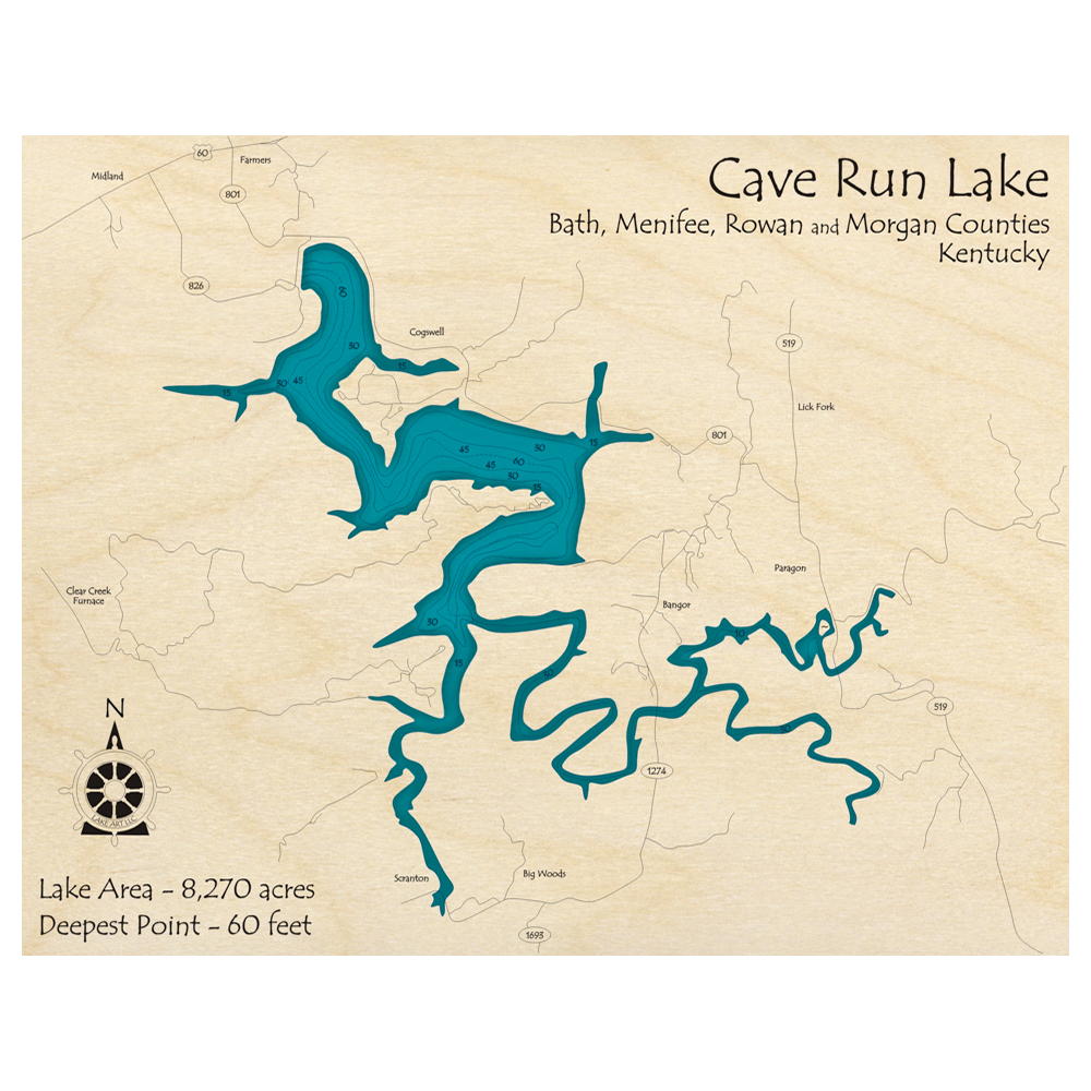 Cave Run Lake, Kentucky 3D Custom Wood Map – Lake Art LLC