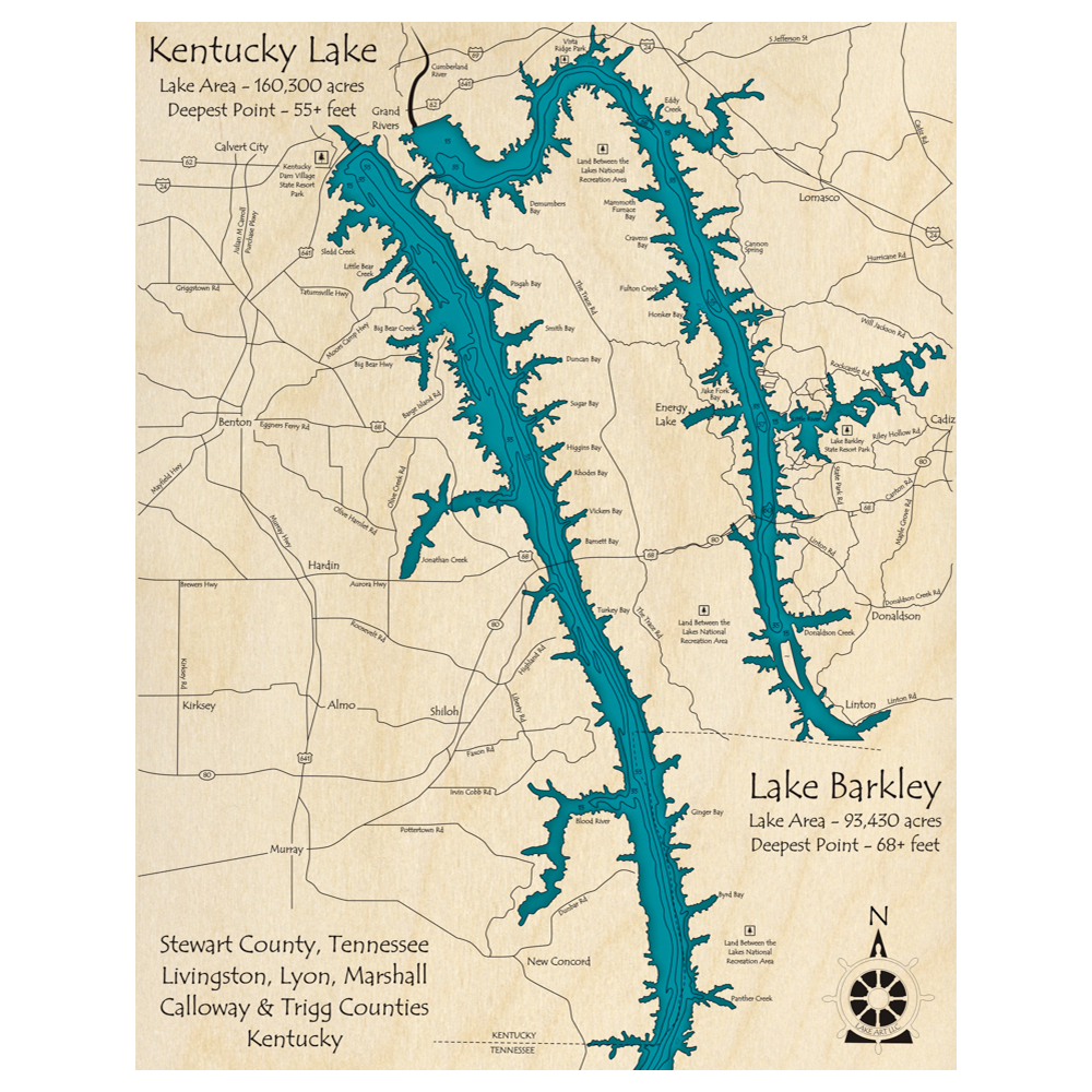 Kentucky Lake and Lake Barkley (KY, TN) 3D Custom Wood Map – Lake Art LLC