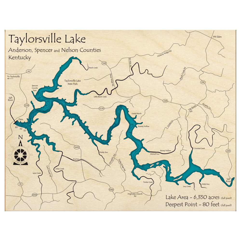 Taylorsville Lake, Kentucky 3D Custom Wood Map – Lake Art LLC