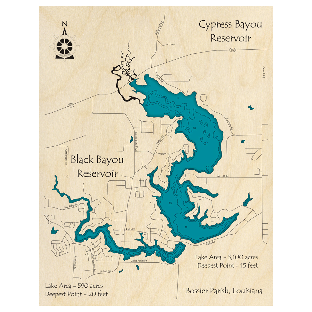 Cypress Bayou and Black Bayou Reservoirs, Louisiana 3D Custom Wood Map ...