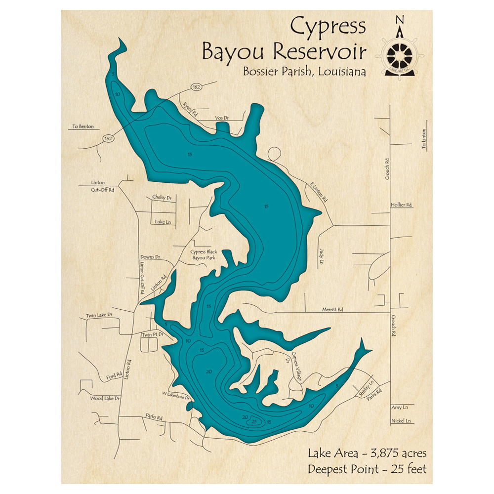 Cypress Bayou Reservoir, Louisiana 3D Custom Wood Map – Lake Art LLC