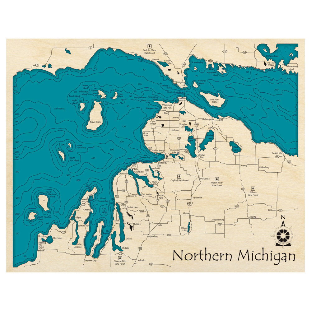 Northern Michigan 3D Custom Wood Map – Lake Art LLC