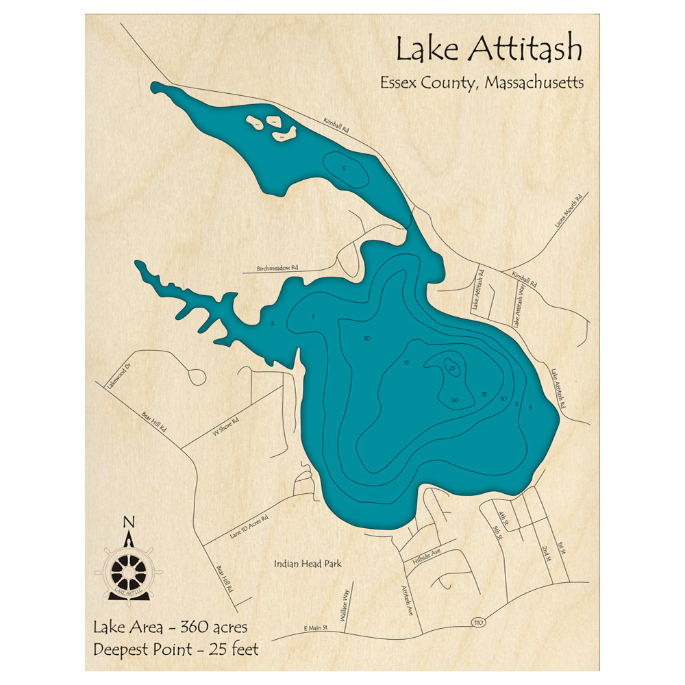 Lake Attitash, Massachusetts 3D Custom Wood Map – Lake Art LLC