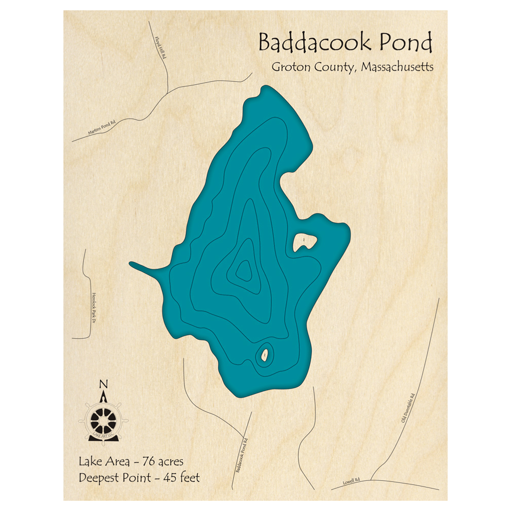 Baddacook Pond, Massachusetts 3D Custom Wood Map – Lake Art LLC