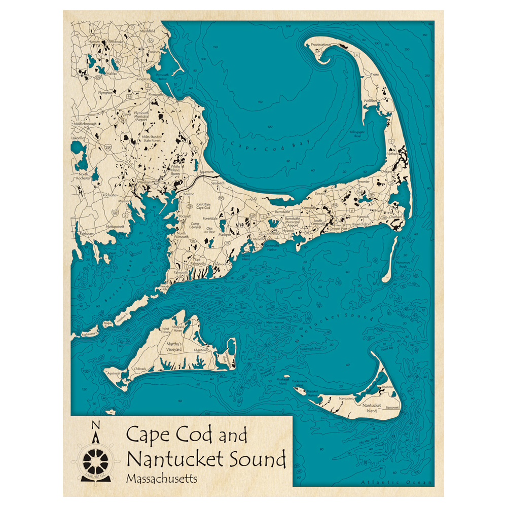 Cape Cod Bay and Nantucket Sound, Massachusetts 3D Custom Wood Map ...