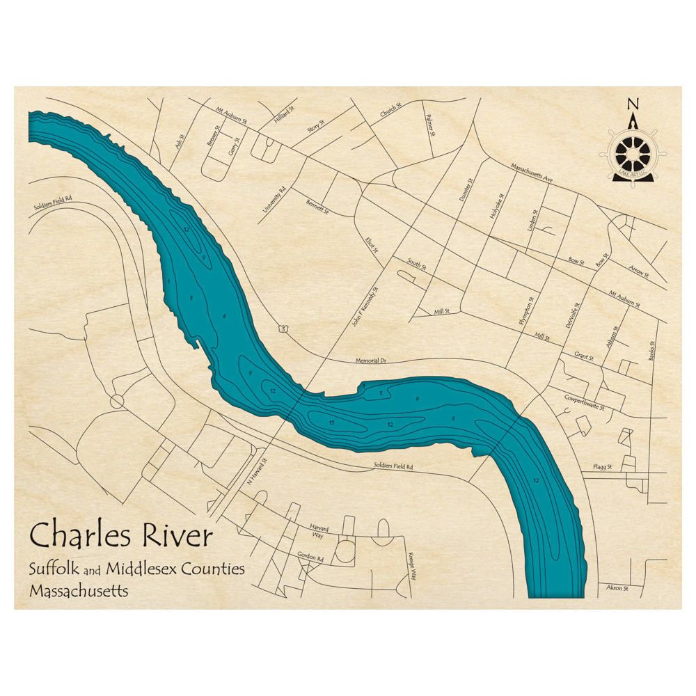 Charles River, Massachusetts 3D Custom Wood Map – Lake Art LLC