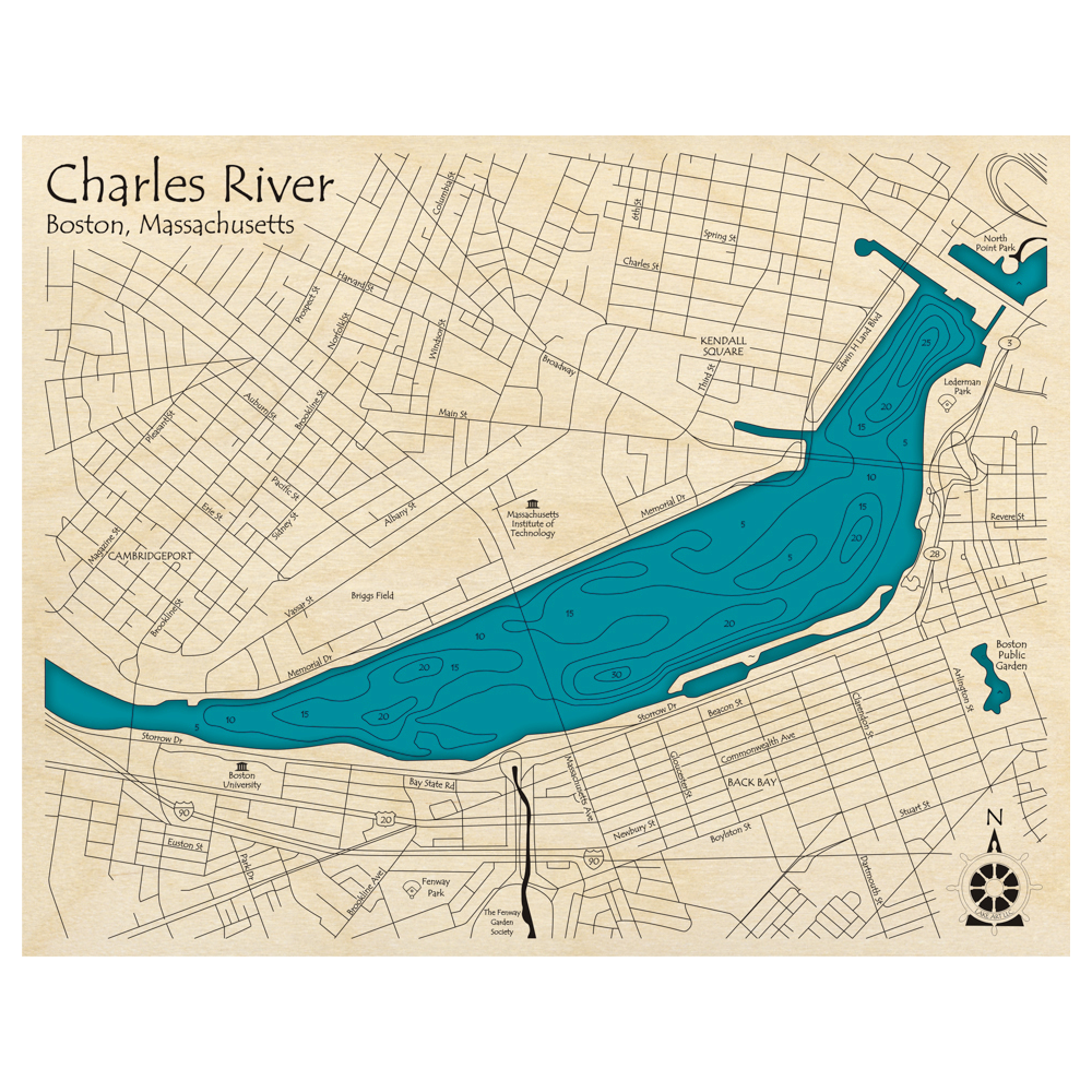 Charles River, Massachusetts 3D Custom Wood Map – Lake Art LLC