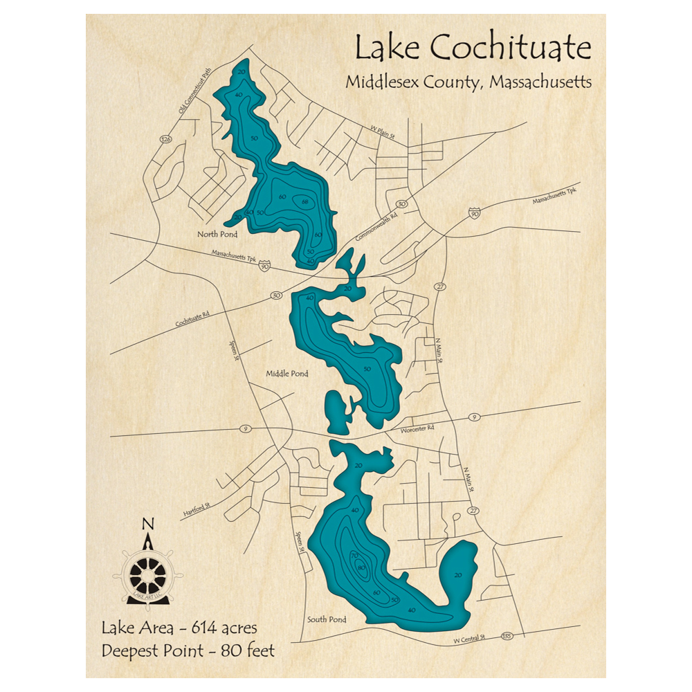 Lake Cochituate, Massachusetts 3D Custom Wood Map – Lake Art LLC