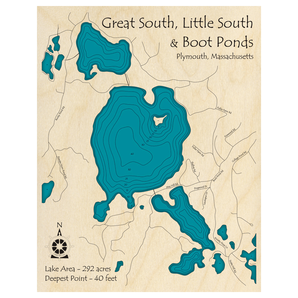 Great South, Little South and Boot Ponds, Massachusetts 3D Custom Wood ...