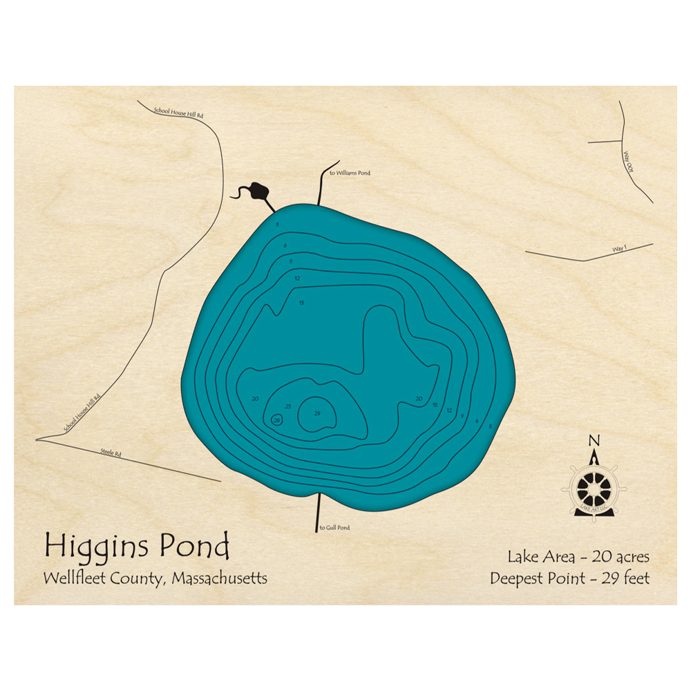 Higgins Pond, Massachusetts 3D Custom Wood Map – Lake Art LLC