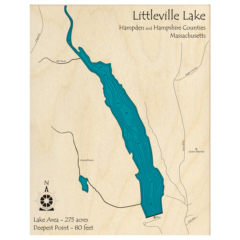 Littleville Lake, Massachusetts 3D Custom Wood Map – Lake Art LLC