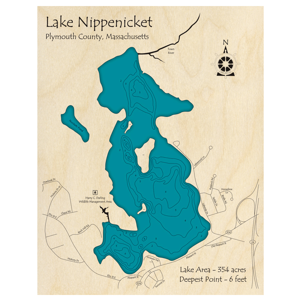 Lake Nippenicket, Massachusetts 3D Custom Wood Map – Lake Art LLC