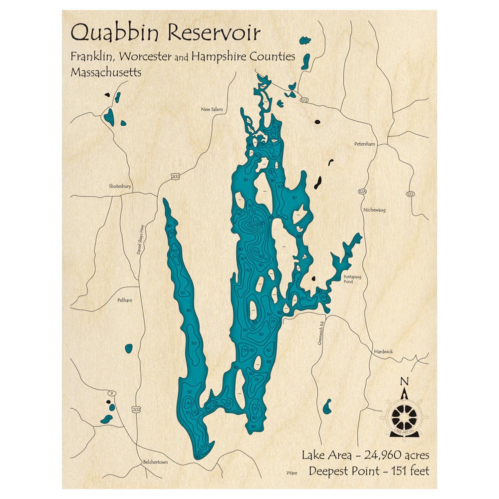 Quabbin Reservoir, Massachusetts 3D Custom Wood Map – Lake Art LLC