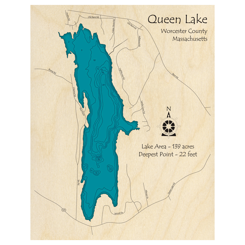 Queen Lake, Massachusetts 3D Custom Wood Map – Lake Art LLC