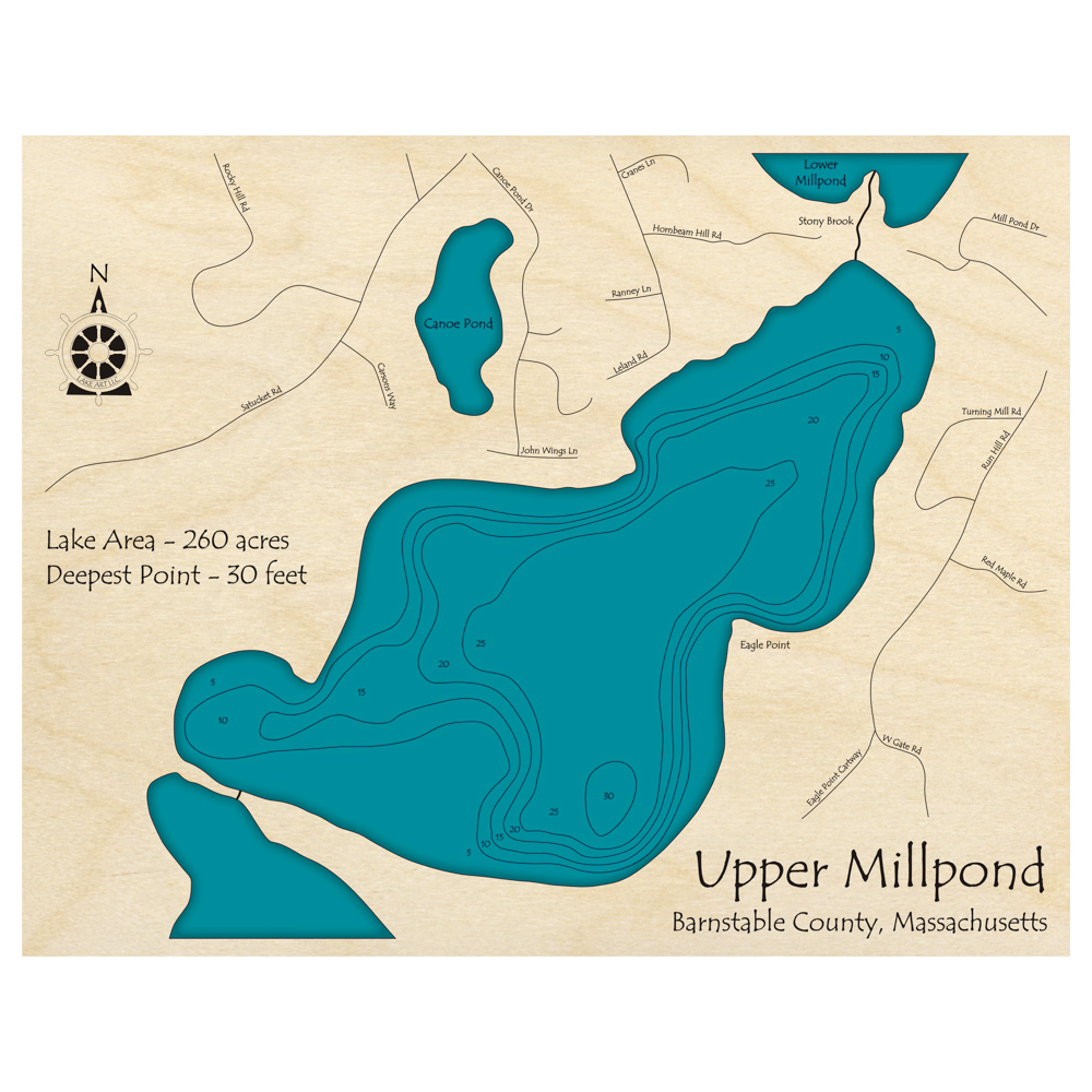 Upper Millpond, Massachusetts 3D Custom Wood Map – Lake Art LLC