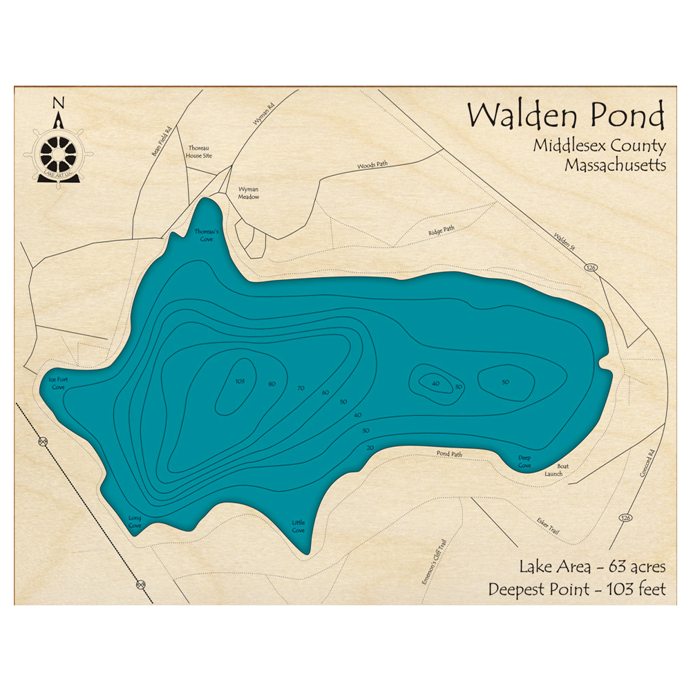Walden Pond, Massachusetts 3D Custom Wood Map – Lake Art LLC
