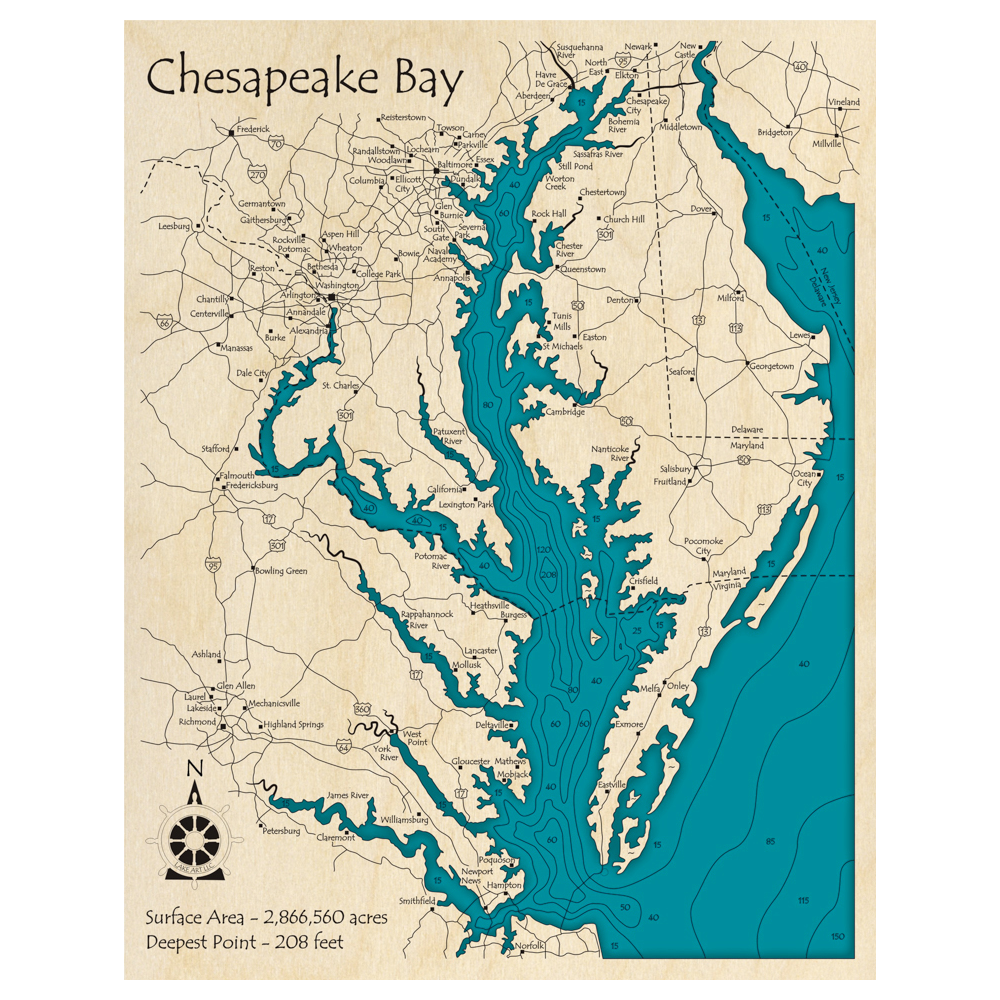 Chesapeake Bay, Maryland 3D Custom Wood Map – Lake Art LLC