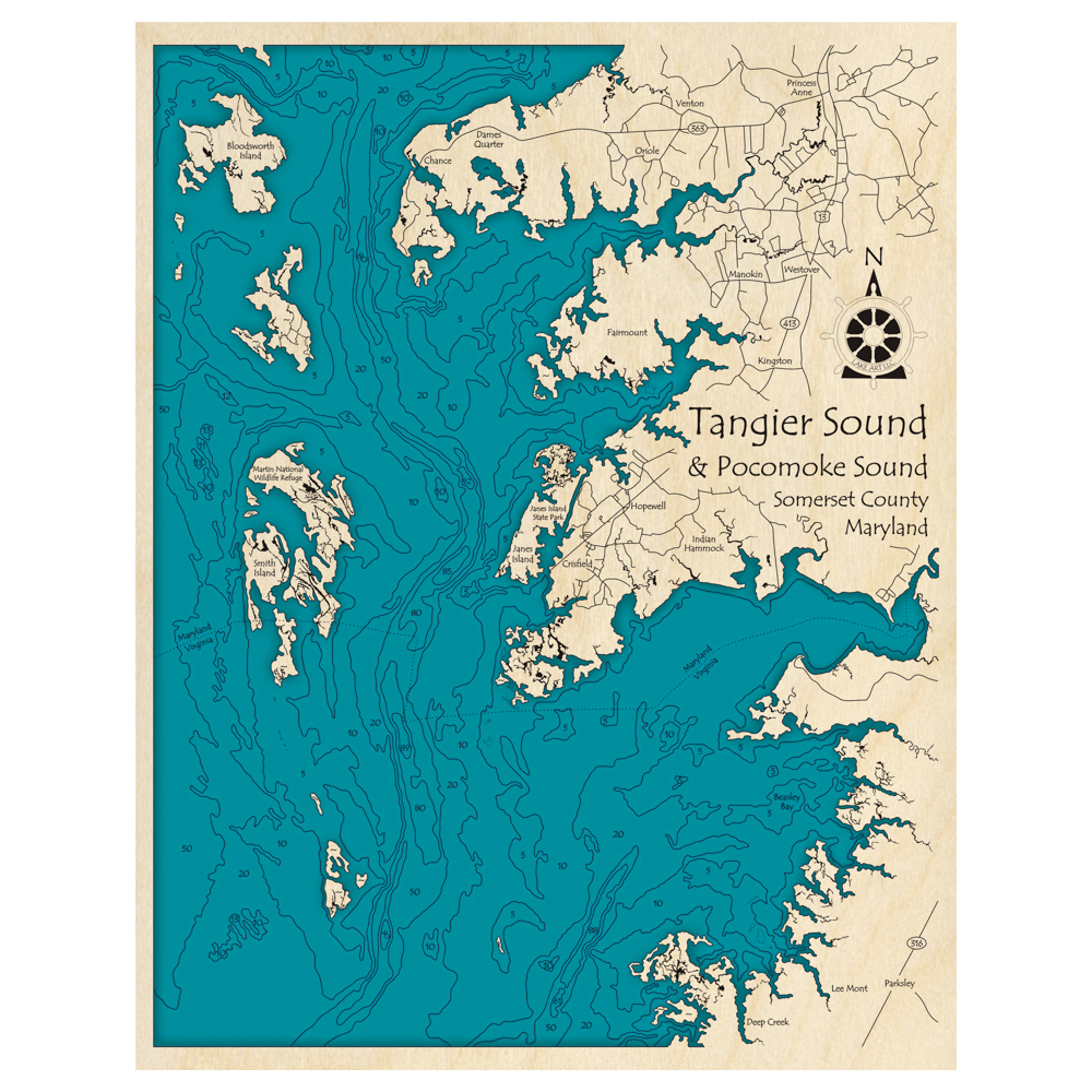 Tangier Sound and Pocomoke Sound, Maryland 3D Custom Wood Map – Lake ...