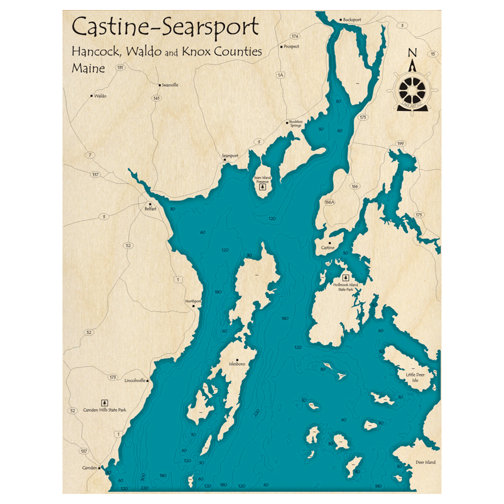Castine and Searsport Region, Maine 3D Custom Wood Map – Lake Art LLC