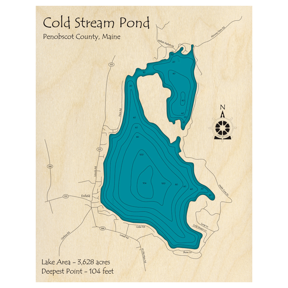 Cold Stream Pond, Maine 3D Custom Wood Map – Lake Art LLC