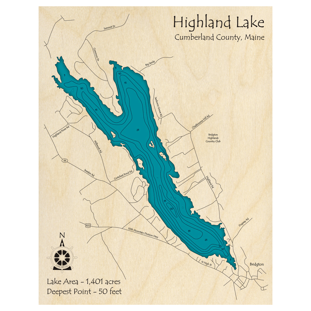 Highland Lake, Maine 3D Custom Wood Map – Lake Art LLC