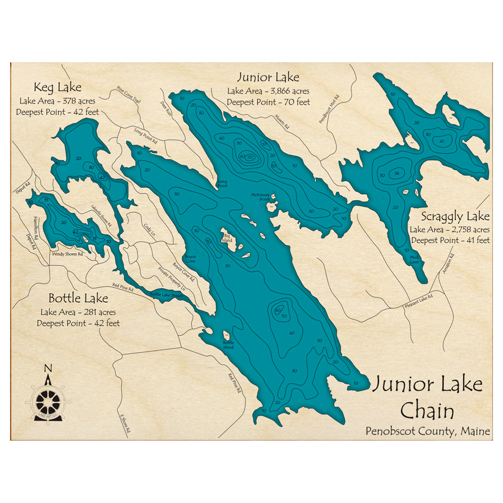 Junior Lakes Chain, Maine 3D Custom Wood Map – Lake Art LLC