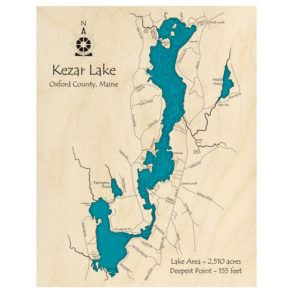 Kezar Lake, Maine 3D Custom Wood Map – Lake Art LLC