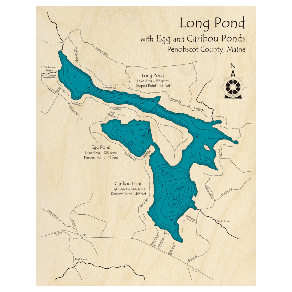 Long Pond with Egg and Caribou Ponds, Maine 3D Custom Wood Map – Lake ...