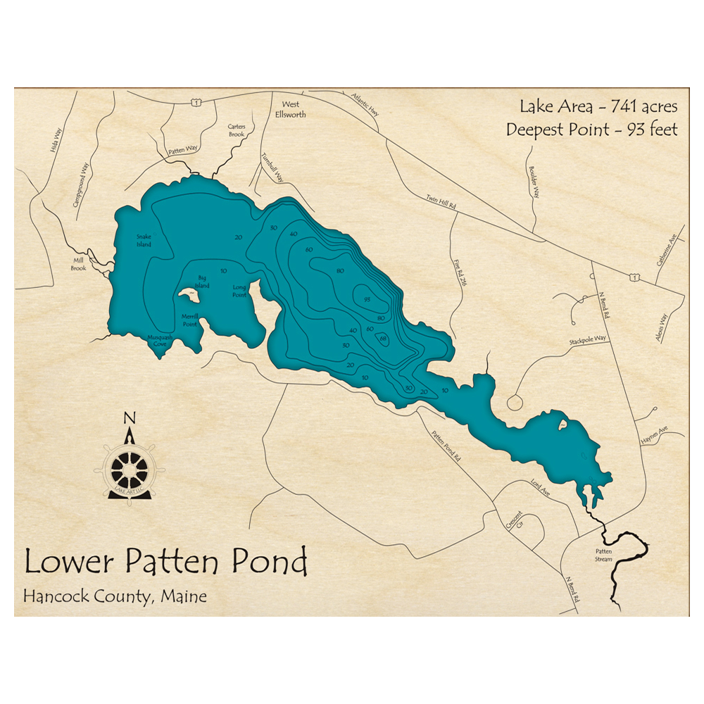 Lower Patten Pond, Maine 3D Custom Wood Map – Lake Art LLC