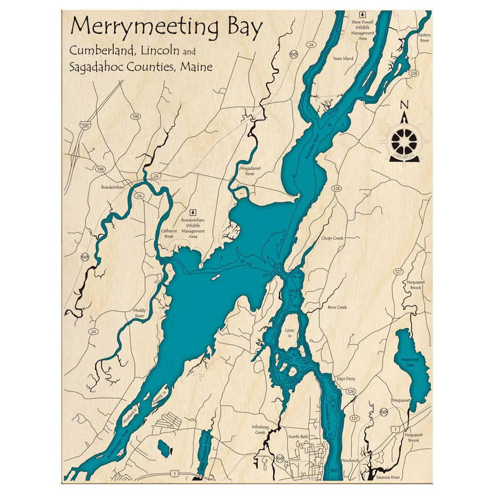 Merrymeeting Bay, Maine 3D Custom Wood Map – Lake Art LLC