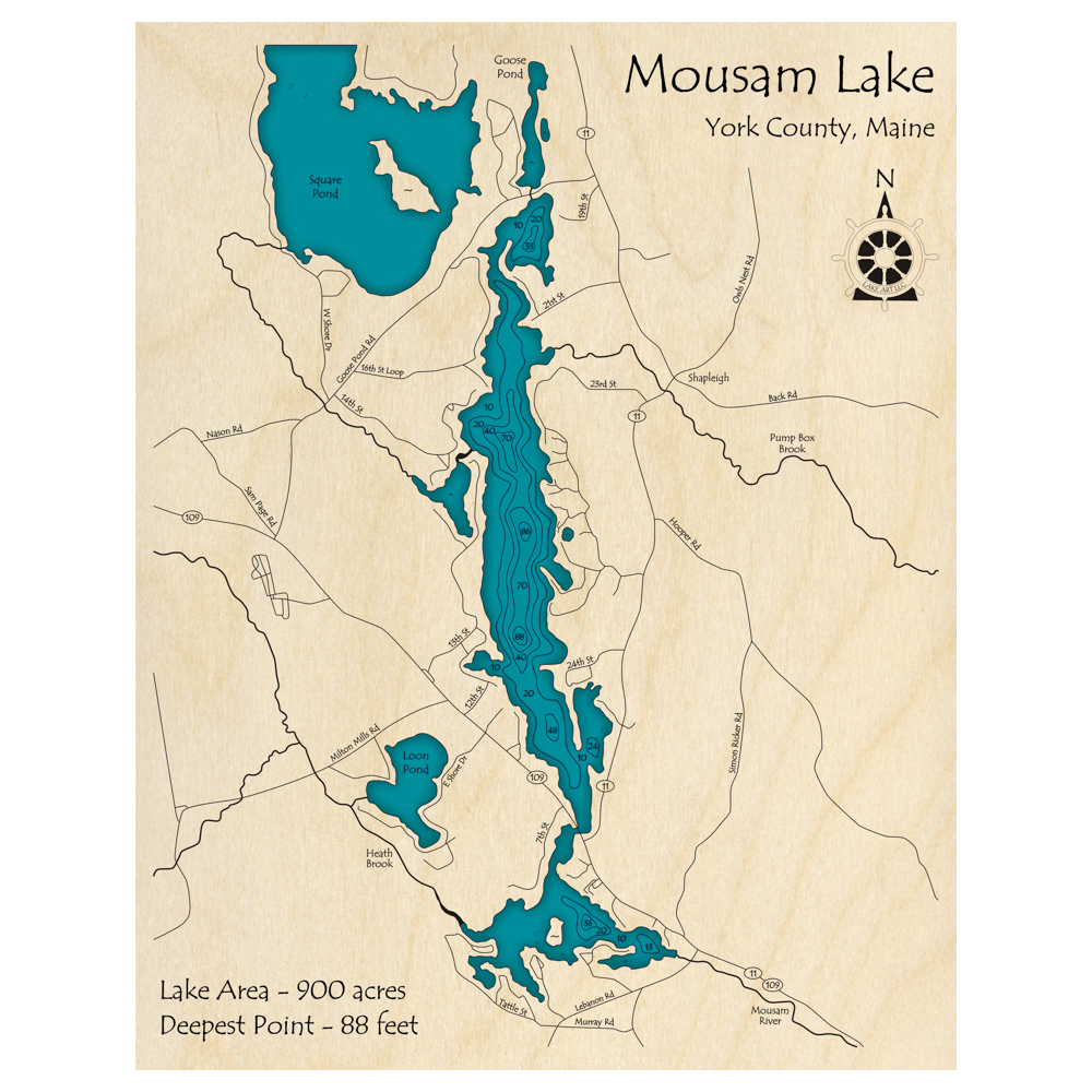 Mousam Lake, Maine 3D Custom Wood Map – Lake Art LLC