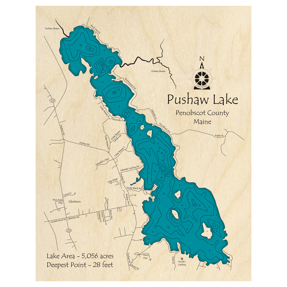 Pushaw Lake, Maine 3D Custom Wood Map – Lake Art LLC
