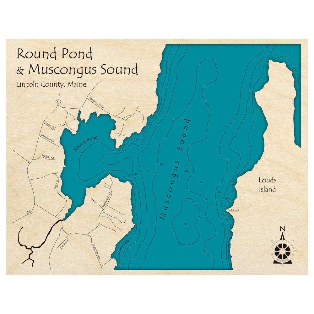Round Pond and Muscongus Pond, Maine 3D Custom Wood Map – Lake Art LLC