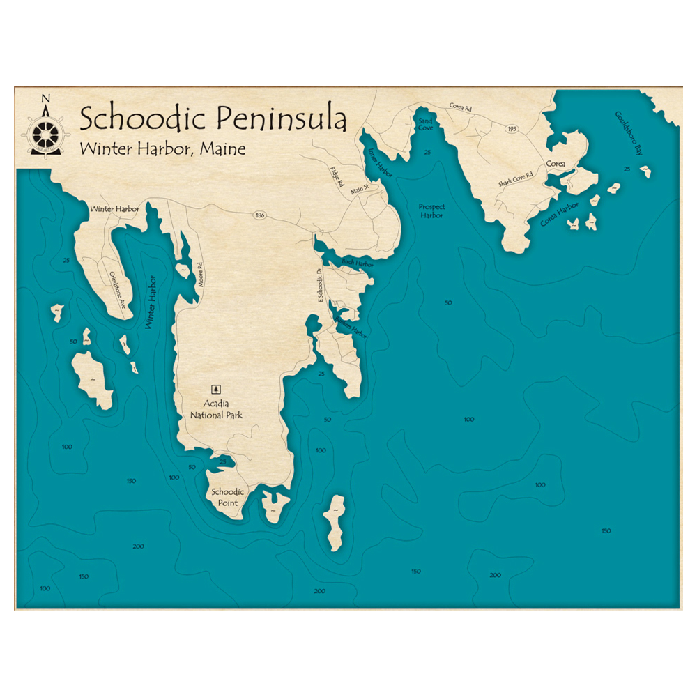 Schoodic Peninsula and Winter Harbor, Maine 3D Custom Wood Map – Lake ...