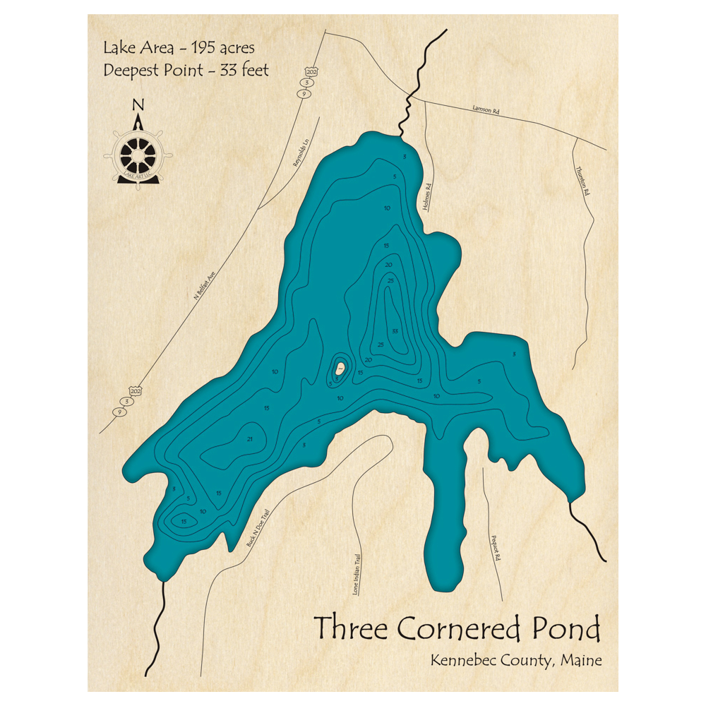 Three Cornered Pond, Maine 3D Custom Wood Map – Lake Art LLC