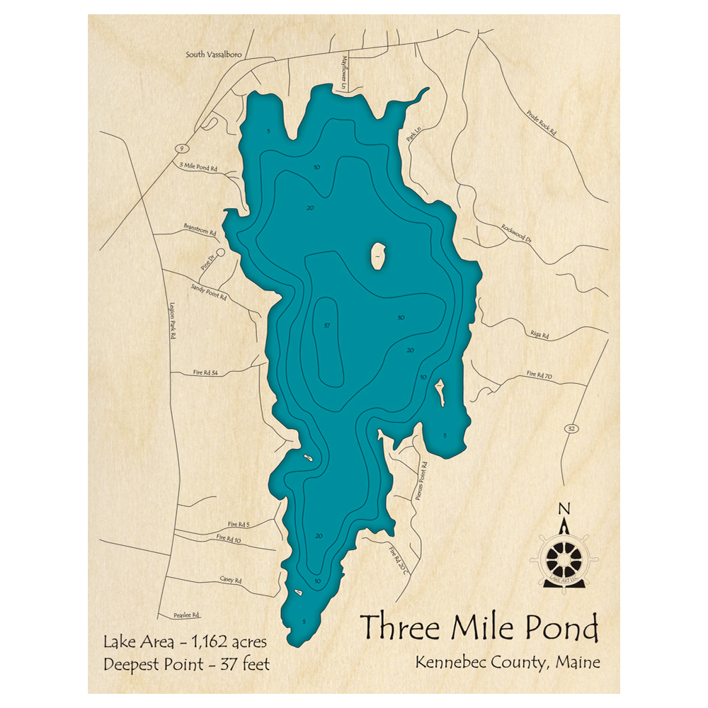 Three Mile Pond, Maine 3D Custom Wood Map – Lake Art LLC