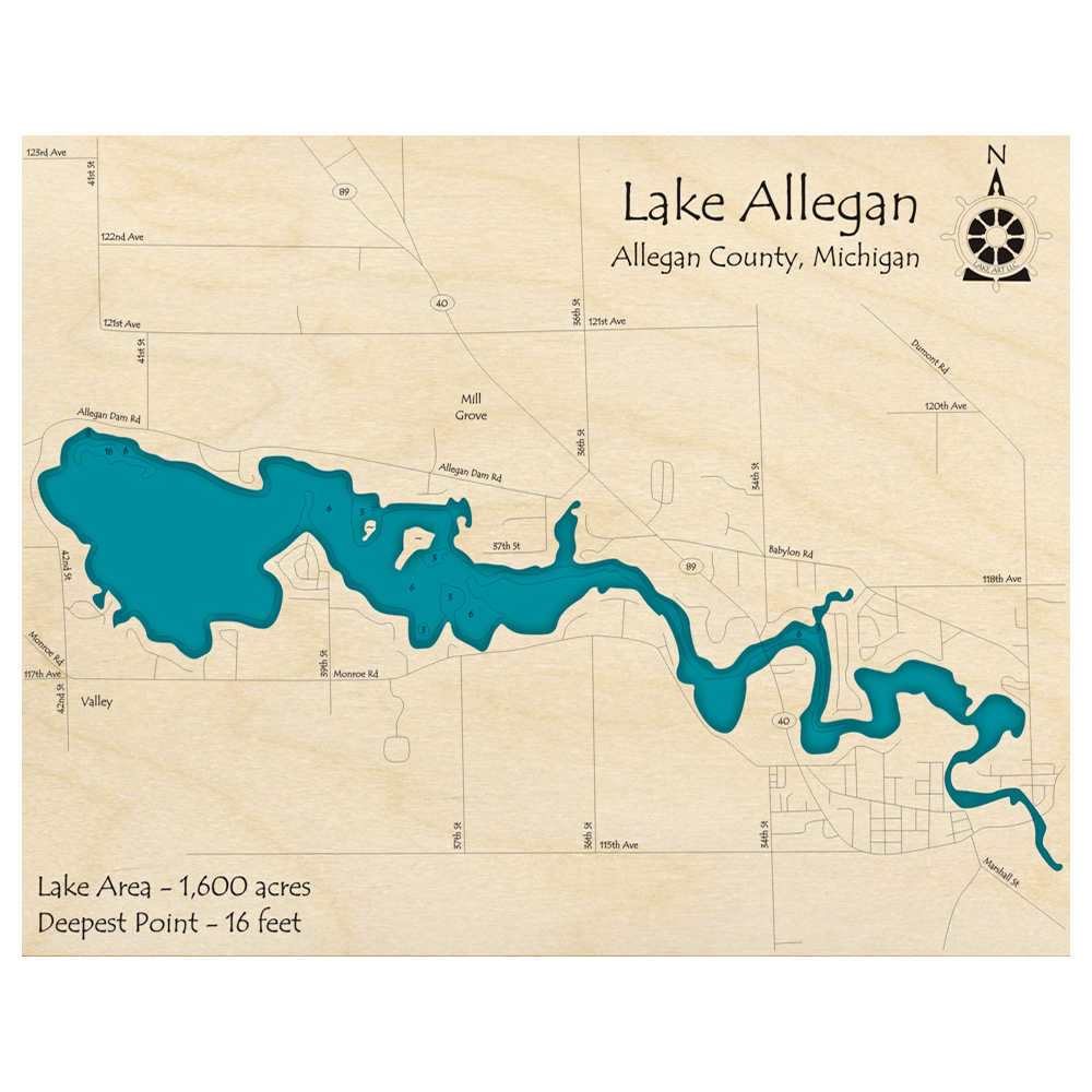 Lake Allegan, Michigan 3D Custom Wood Map – Lake Art LLC