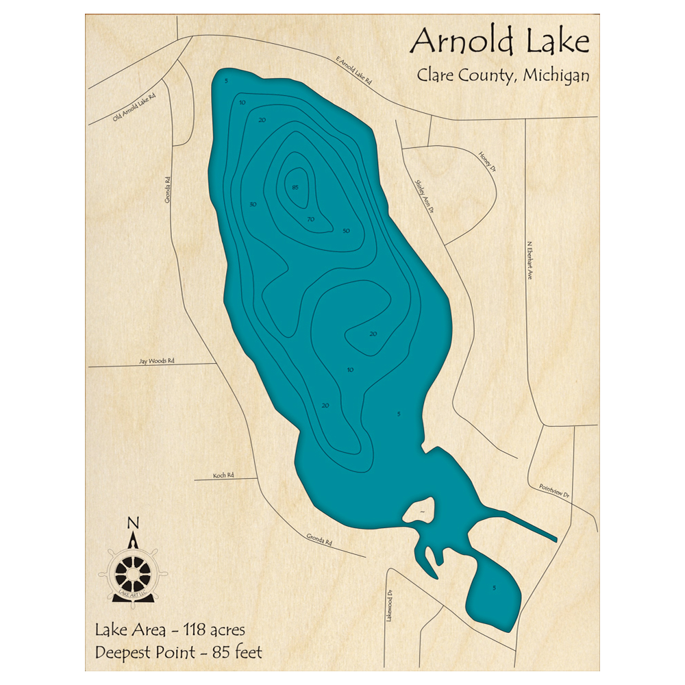 Arnold Lake, Michigan 3D Custom Wood Map – Lake Art LLC