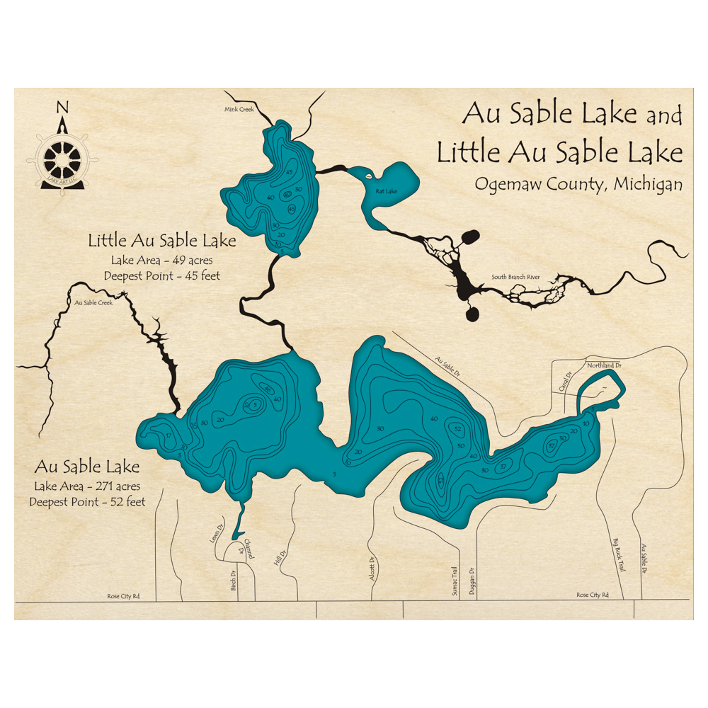 Au Sable Lake, Michigan 3D Custom Wood Map – Lake Art LLC