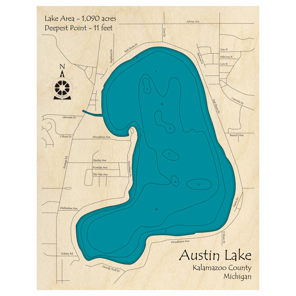 Austin Lake, Michigan 3D Custom Wood Map – Lake Art LLC